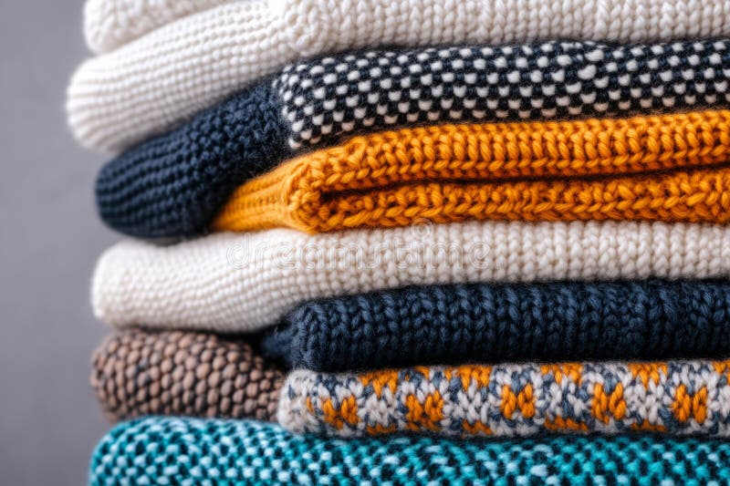Folded Wool Sweaters with Textured Knitting Patterns in Various Colors ...