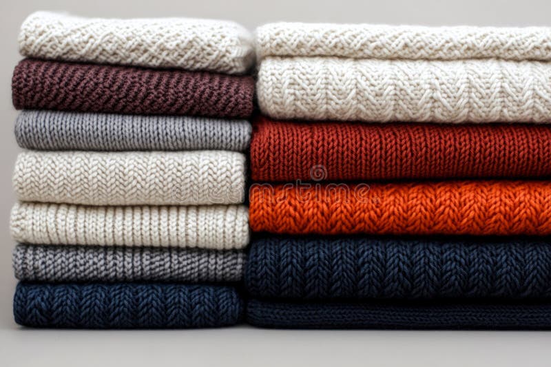 Folded Wool Sweaters with Textured Knitting Patterns in Various Colors ...