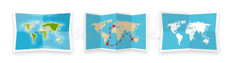 Folded World Maps in a Flat Style. Simplified Paper Map with Shadow ...