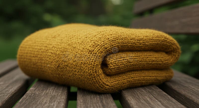 Folded Yellow Knit Blanket on Wooden Bench Stock Illustration ...