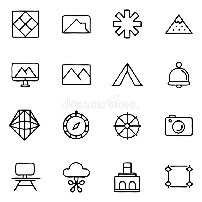 Adventure and Travel Icon Set – Line Art Compass, Tent, Camera ...