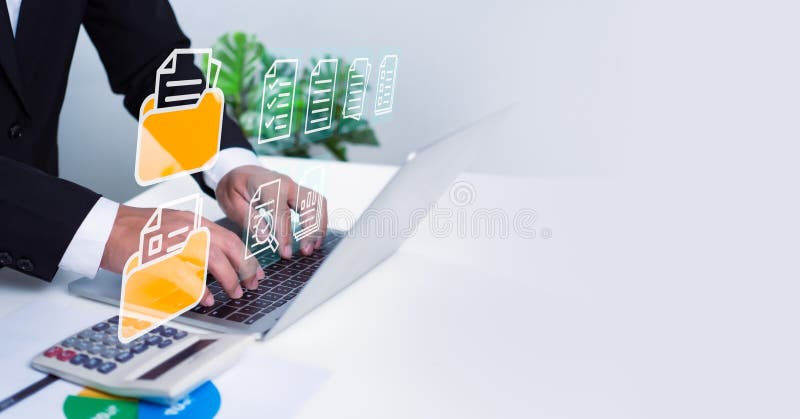 Folder Document Management System DMS Open File Folder with Flying Blank Documents with Computer ...