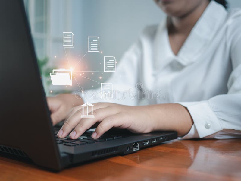 Folder Document Management System Dms Open File Folder With Flying Blank Documents With Computer