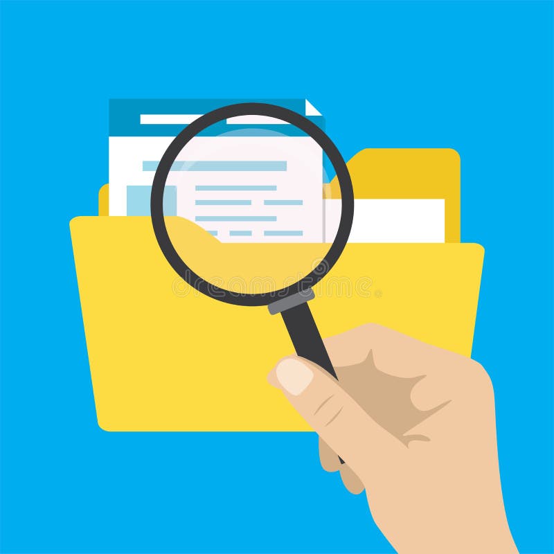 Folder with Documents and Cartoon Hand Holding Magnifying Glass. Files ...