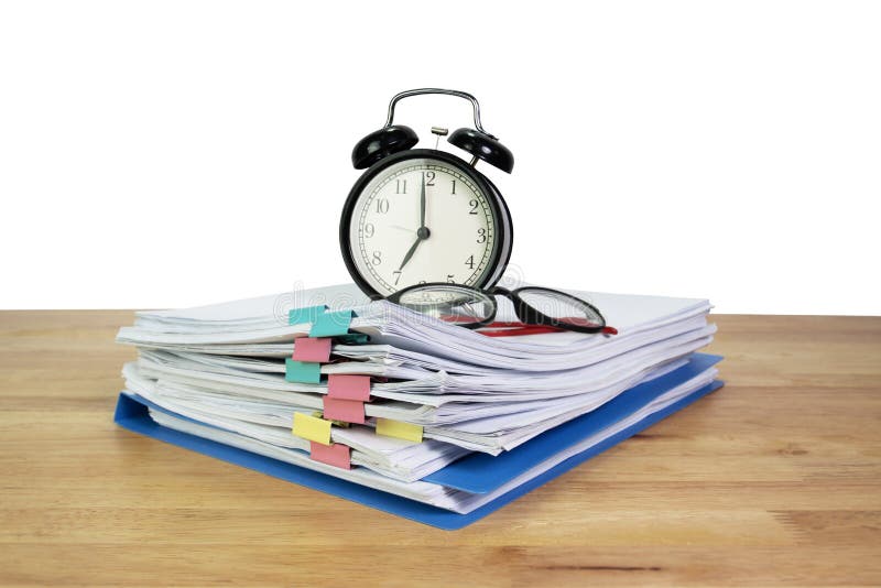 Folder File, Glasses and Clock on Wood Table Concept Office Equipment ...
