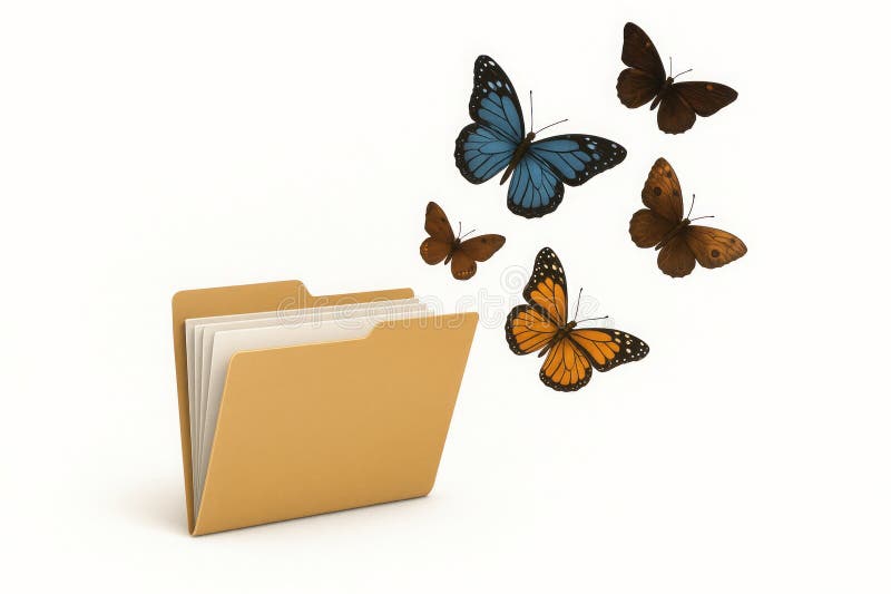 A Folder with Files from Which Butterflies Fly Out As Data. Stock ...