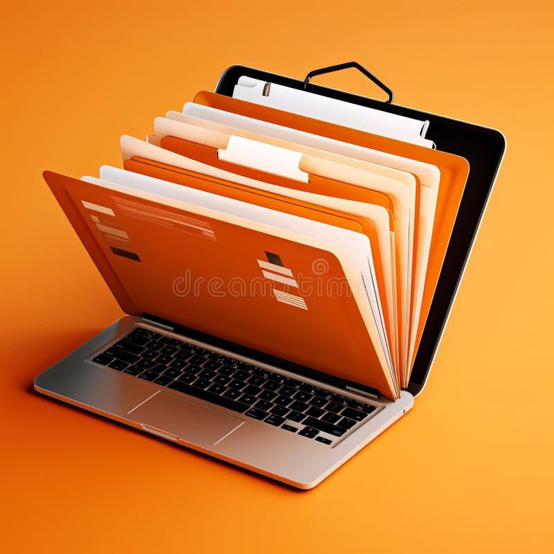 Folder in Laptop on Orange Background Stock Illustration - Illustration ...