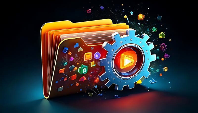 A Folder Spills Data and Icons, Next To a Glowing Play Button Cog Stock ...