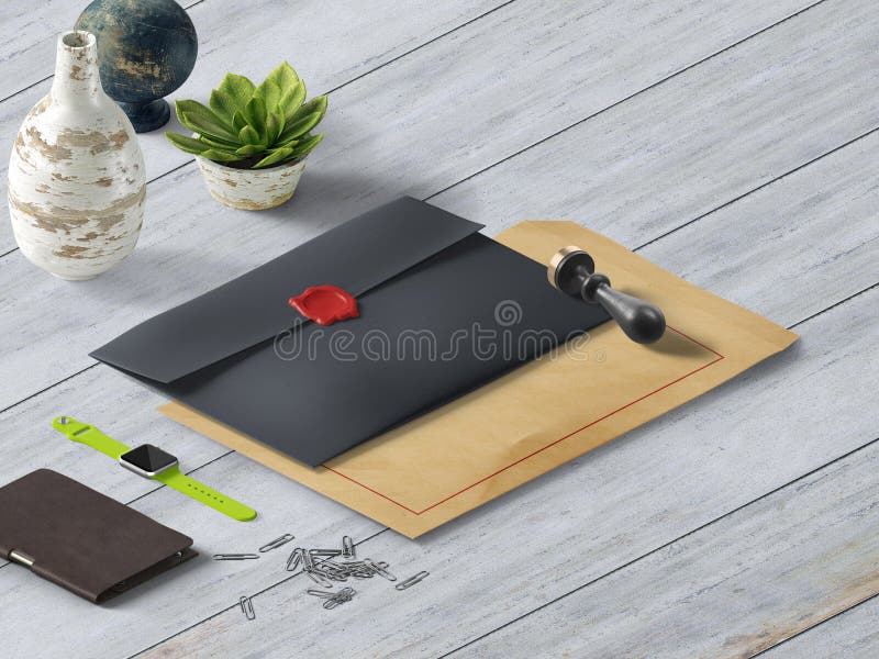 Folder with Stamp Seal and Envelope on Light Wood Planks, 3d ...