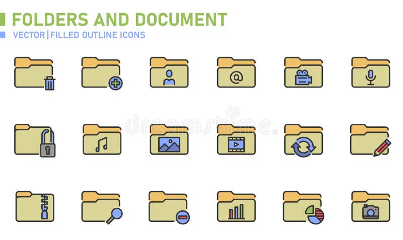 Folders and Document Filled Outline Icons Stock Vector - Illustration ...