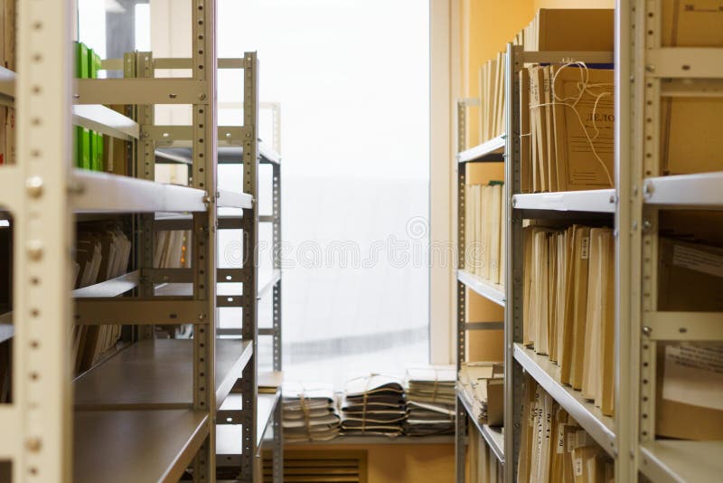 Folders with Documents on Metal Shelf in Archive. Space for Text Stock ...