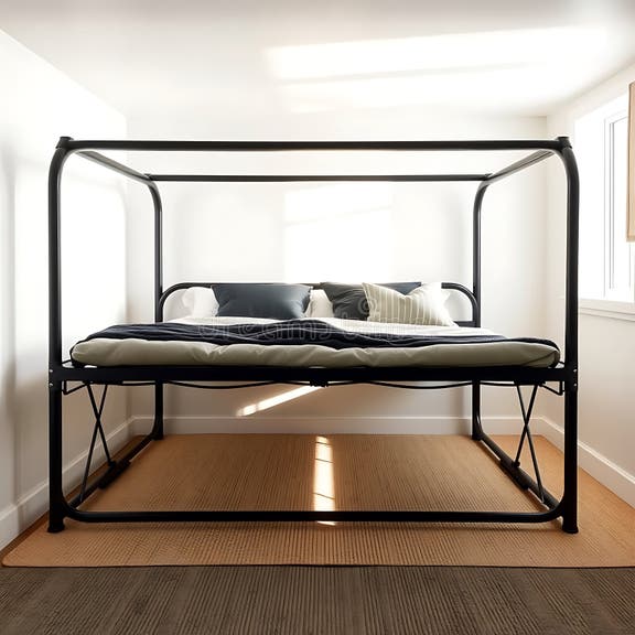 A Folding Bed Frame in a Small Guest Room with Modern Bedding ...