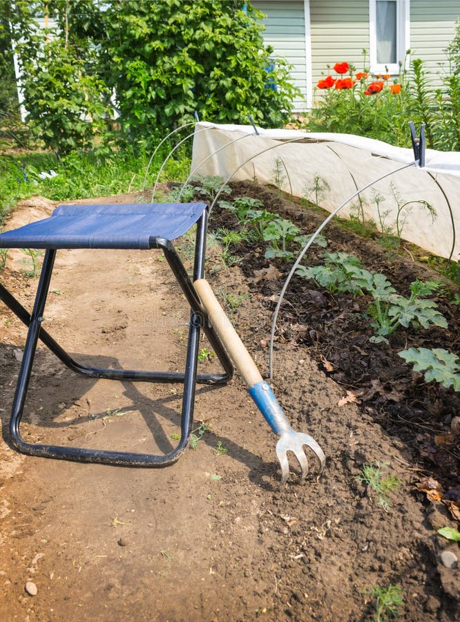 Folding chair and rake stock photo. Image of beds, nature - 41390170