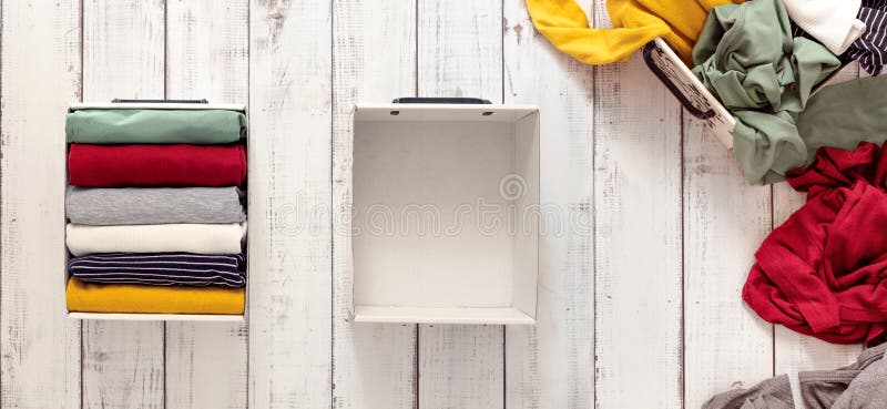 Folding Clothes, Organizing Stuff in Boxes and Baskets. Concept of ...
