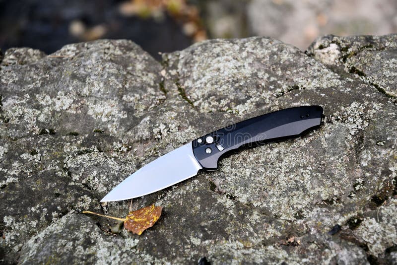 Folding Knife Cutting Edge Black Handle Gray Stone Dry Yellow Leaf ...