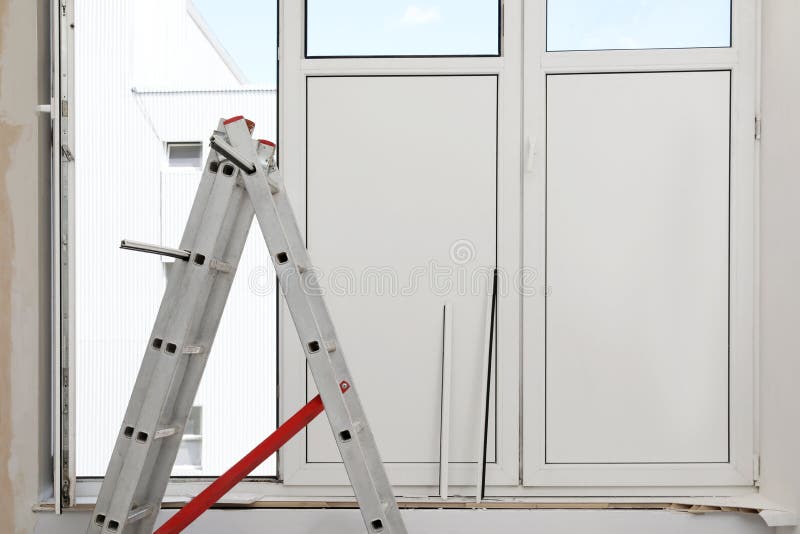 Folding Ladder Near Open Window Indoors. Double Glazing Installation ...
