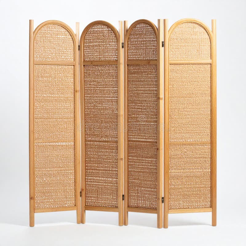 Folding Woven Room Divider with Light Brown Wood Frame on Clean White ...