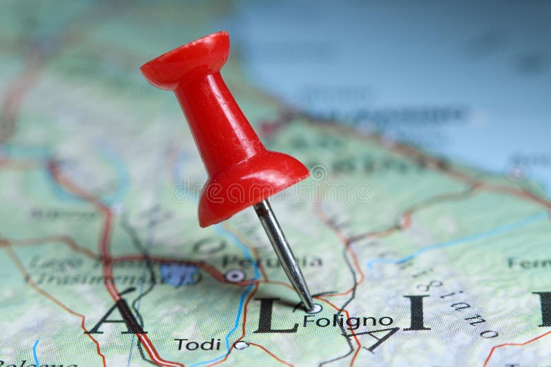 Foligno, Italy pin on map stock image. Image of globe - 367557933