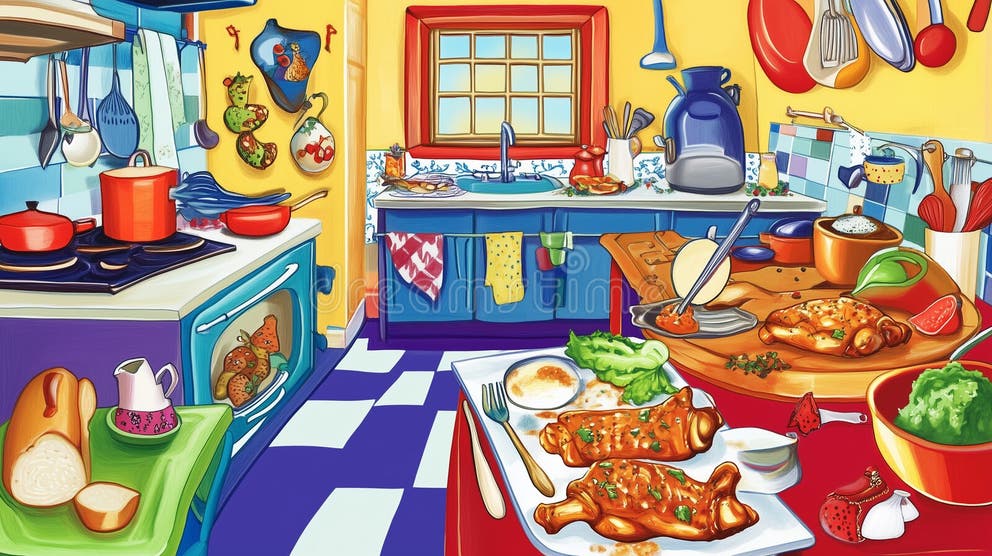 Vibrant Folk Art Kitchen Scene with Roasted Chicken in Warm Color ...