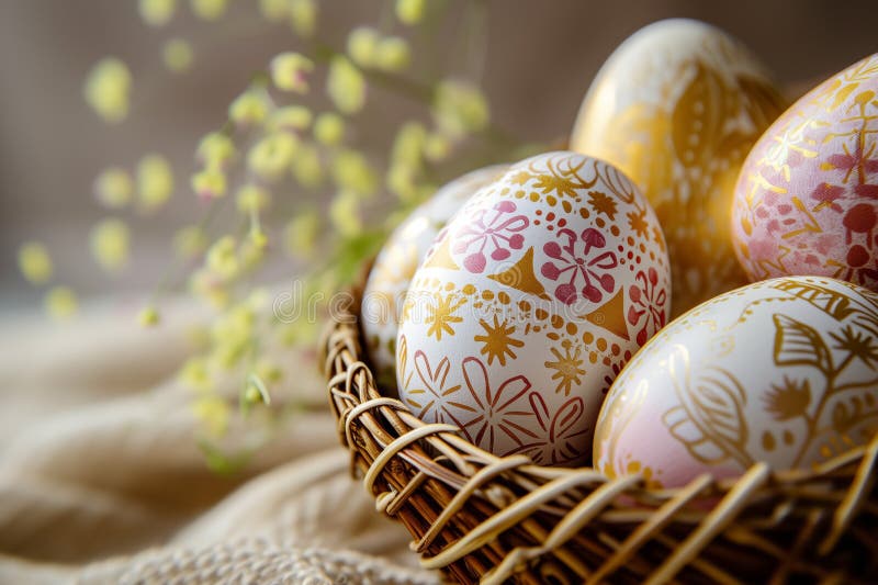 Folk Hand Painted Easter Eggs in Wicker Basket Close-up. Easter Card ...
