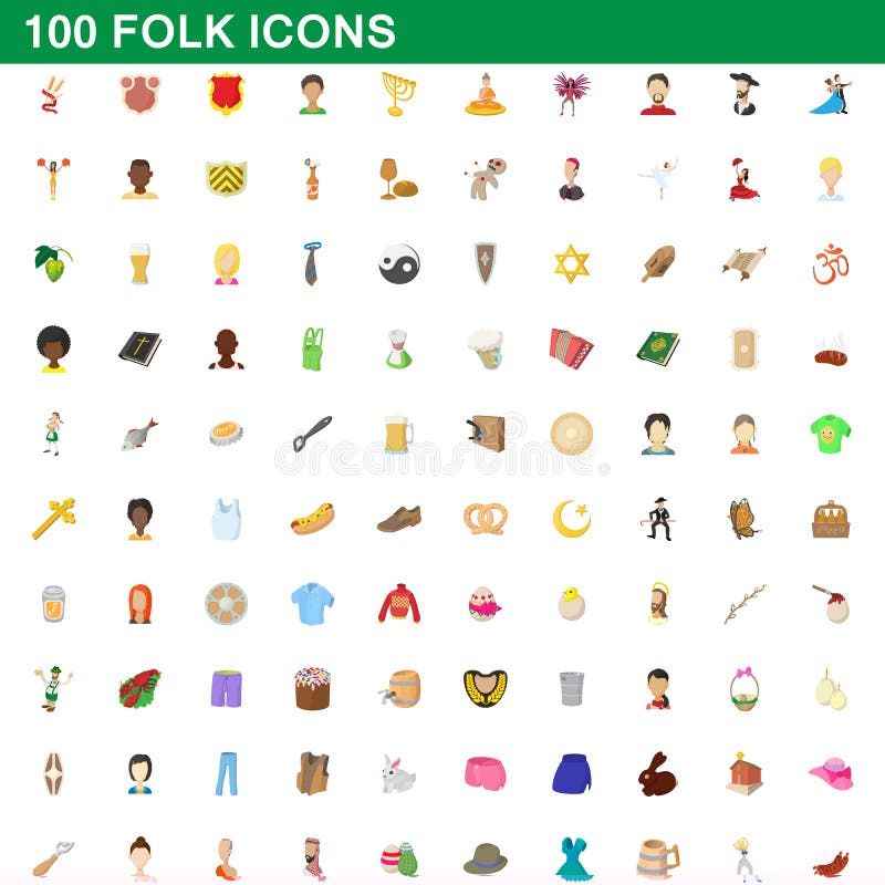 100 Folk Icons Set, Cartoon Style Stock Vector - Illustration of ...