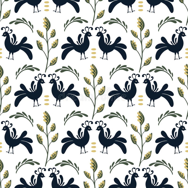 Folk Style Seamless Pattern Design with Birds and Leaves Stock ...