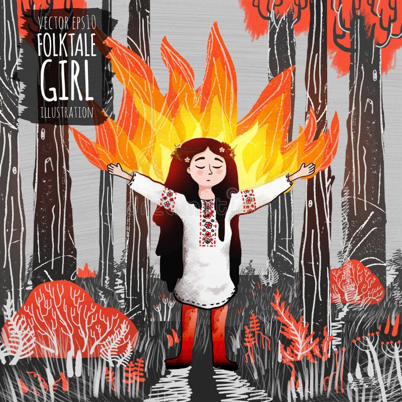 Folk Tale Girl Practicing Fire Magic in Red Forest. Vector Multicolored ...