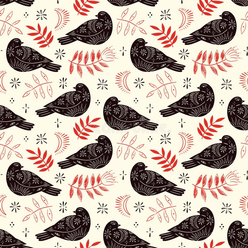 Folklore Birds and Flowers Seamless Pattern, Vector Ornate Design ...