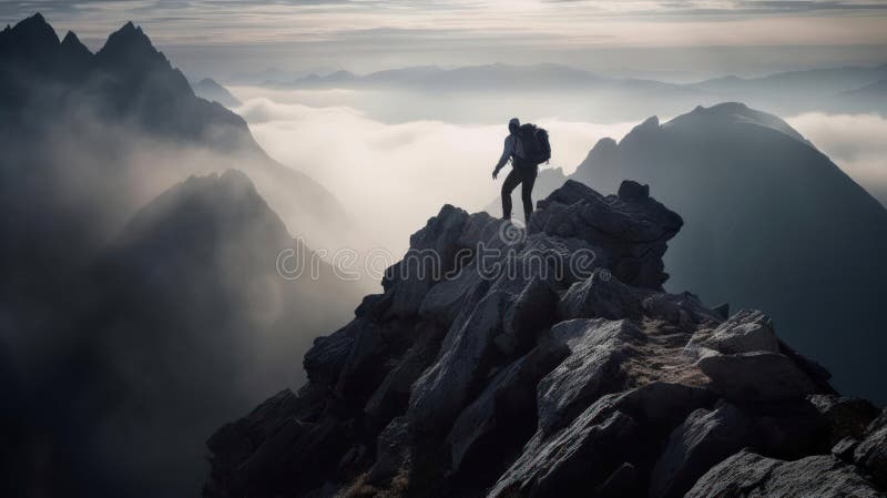 A Person Climbs a Mountain Overcoming Obstacles To Reach the Summit ...