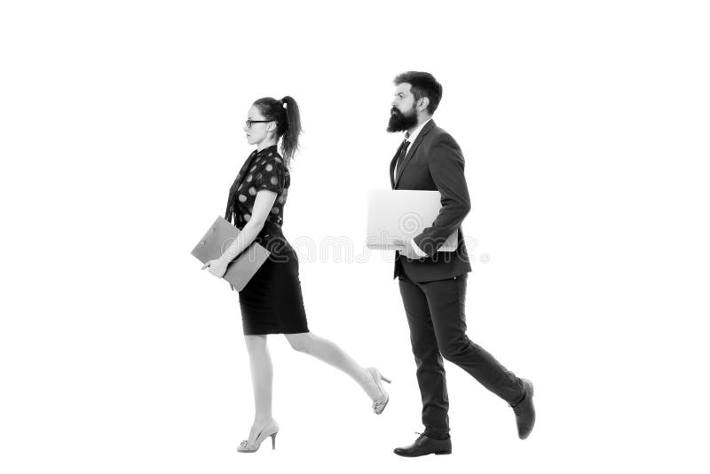 Follow Same Direction. Businessman Bearded Face and Lady with Documents ...