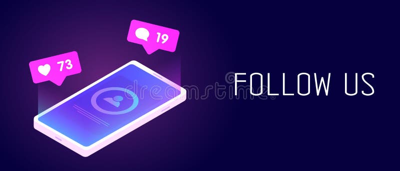 Follow Us - Horizontal Banner Vector Concept with Isometric Smartphone ...