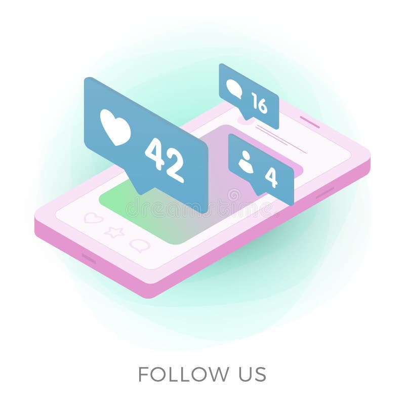Follow Us - Vector Icon. Isometric Smartphone with a Social Network on ...