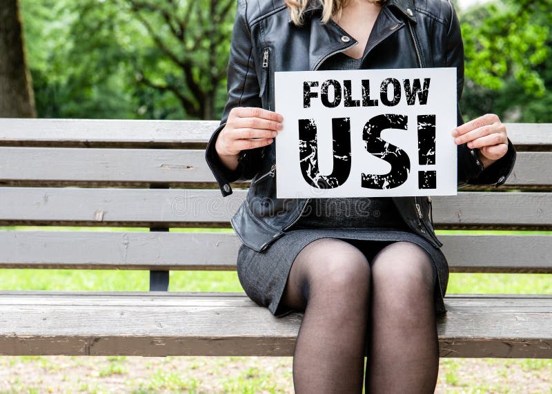 Follow Us. Woman Sitting on a Bench Stock Photo - Image of internet ...