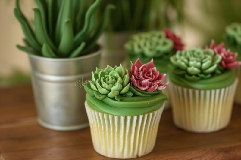 Fondant Succulents Topping Green Cupcakes Stock Image - Image of sweet ...