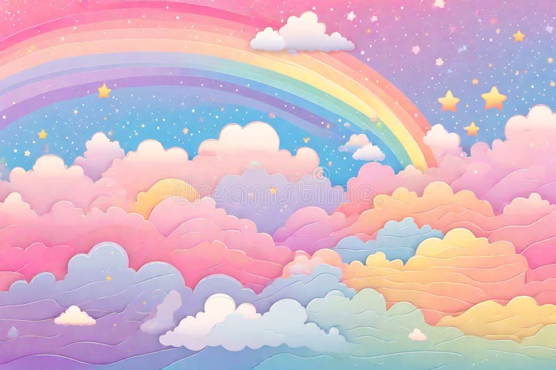 Fondo Arco Iris Con Nubes Y Estrellas. Cielo Color Pastel Stock de ... Fondo Arco Iris Con Nubes Y Estrellas. Cielo Color Pastel Stock de ...