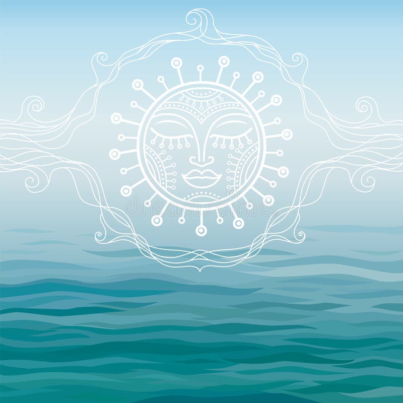 Fondo Blu Il Mare Con Un Simbolo Del Sole Illustrazione Vettoriale ...