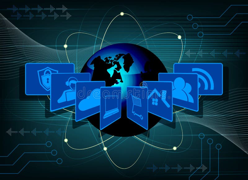 Fondo Blu Scuro Con I Simboli Di Internet Illustrazione Vettoriale ...