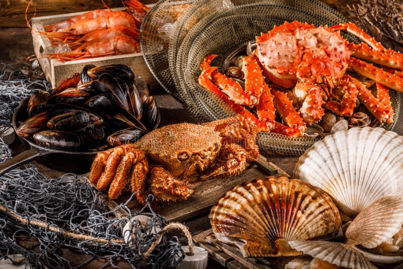 Fondo De Los Mariscos Con La Comida Deliciosa Imagen de archivo ...