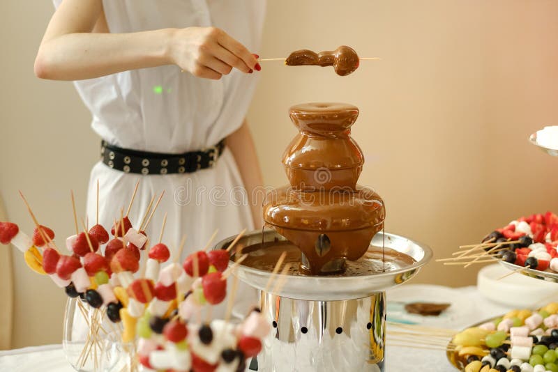 Fondue with a Chocolate Fountain and Sweets for it.Sweet Theme Stock ...