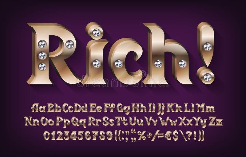 3D Rich Alphabet Font. Golden Metal Letters, Numbers and Symbols with ...