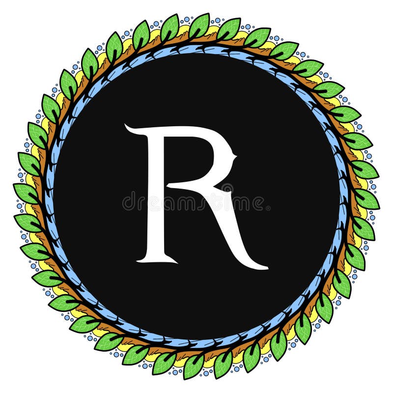 R Letter in Circle Frame in Floral Ornament Style on Black Color and ...