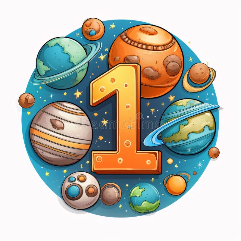 Font Design for Number One with Planets in the Space Illustration ...