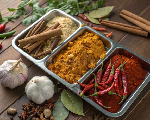 Curry Spices . Trays of Curry Spices with Fresh Garlic and Chillis and ...