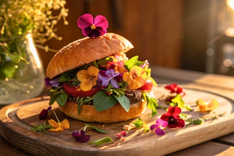 A Gourmet Burger Topped with Vibrant Edible Flowers, Like Viola ...