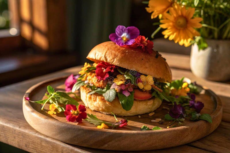 A Gourmet Burger Topped with Vibrant Edible Flowers, Like Viola ...