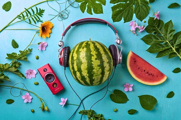 Watermelon Wearing Headphones is the Central Focus, Set on a Light Blue ...