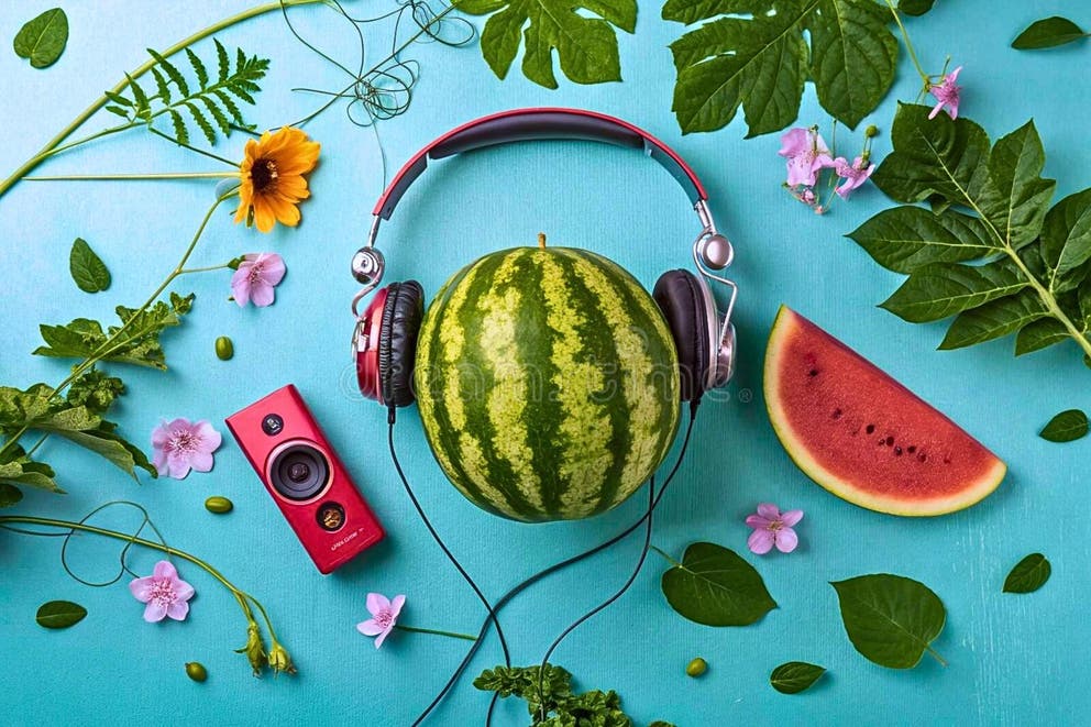 Watermelon Wearing Headphones is the Central Focus, Set on a Light Blue ...