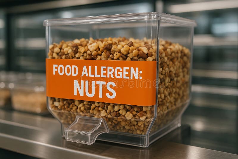 Food Allergen Warning on Transparent Container Filled with Nuts in ...