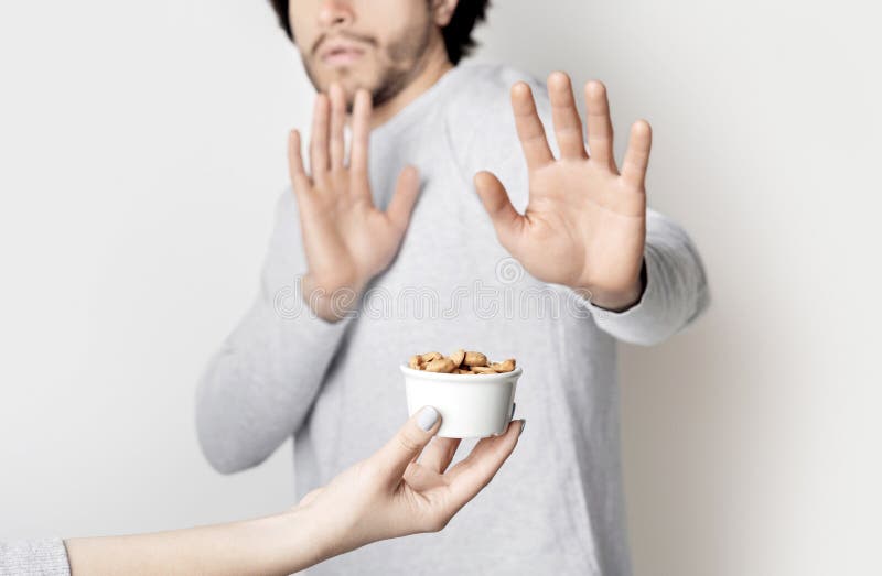 Food Allergy Concept. Man is Afraid of Nuts Stock Photo - Image of ...