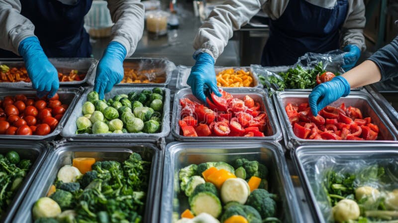 Food Assembly Line Showcases Workers Preparing Fresh Vegetables for ...